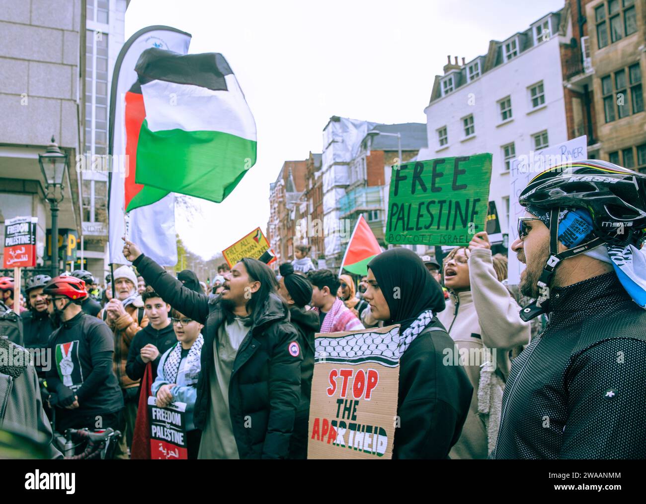 Pro-Palestinian protesters gather with flags and placards during a ...