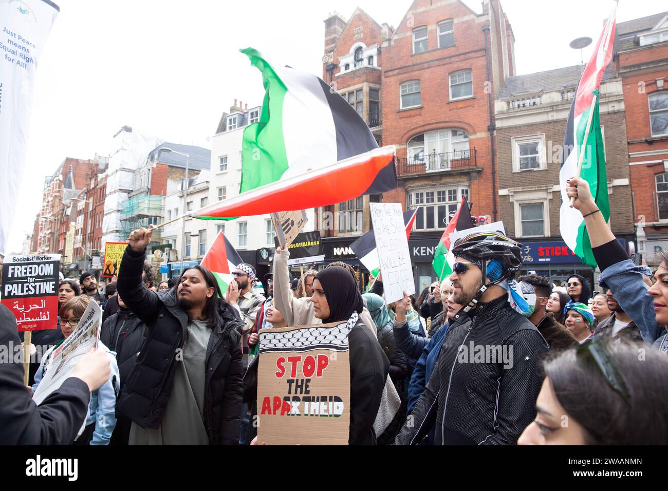 Pro-Palestinian protesters gather with flags and placards during a ...