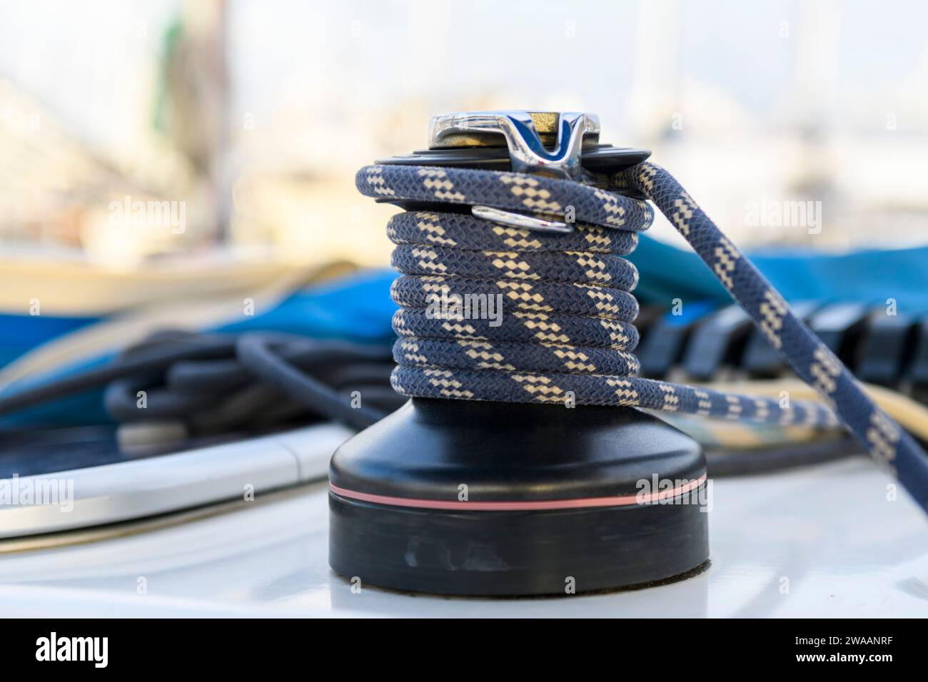 Yacht winch with rope on sailing boat. Yachting concept Stock Photo - Alamy