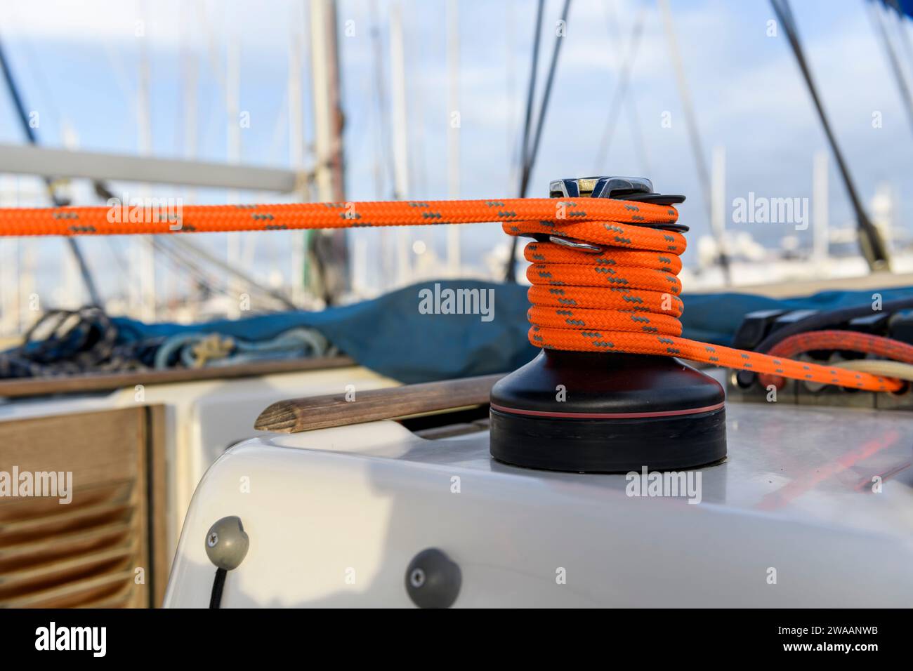 Yacht winch with orange rope on sailing boat. Yachting concept Stock ...