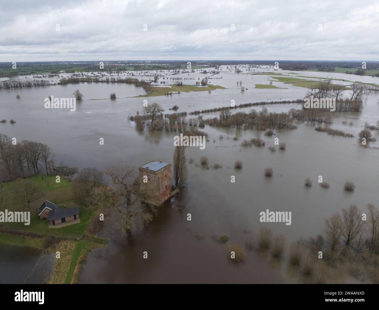 Overflow and high water, river Ijssel overflowing because of excessive ...