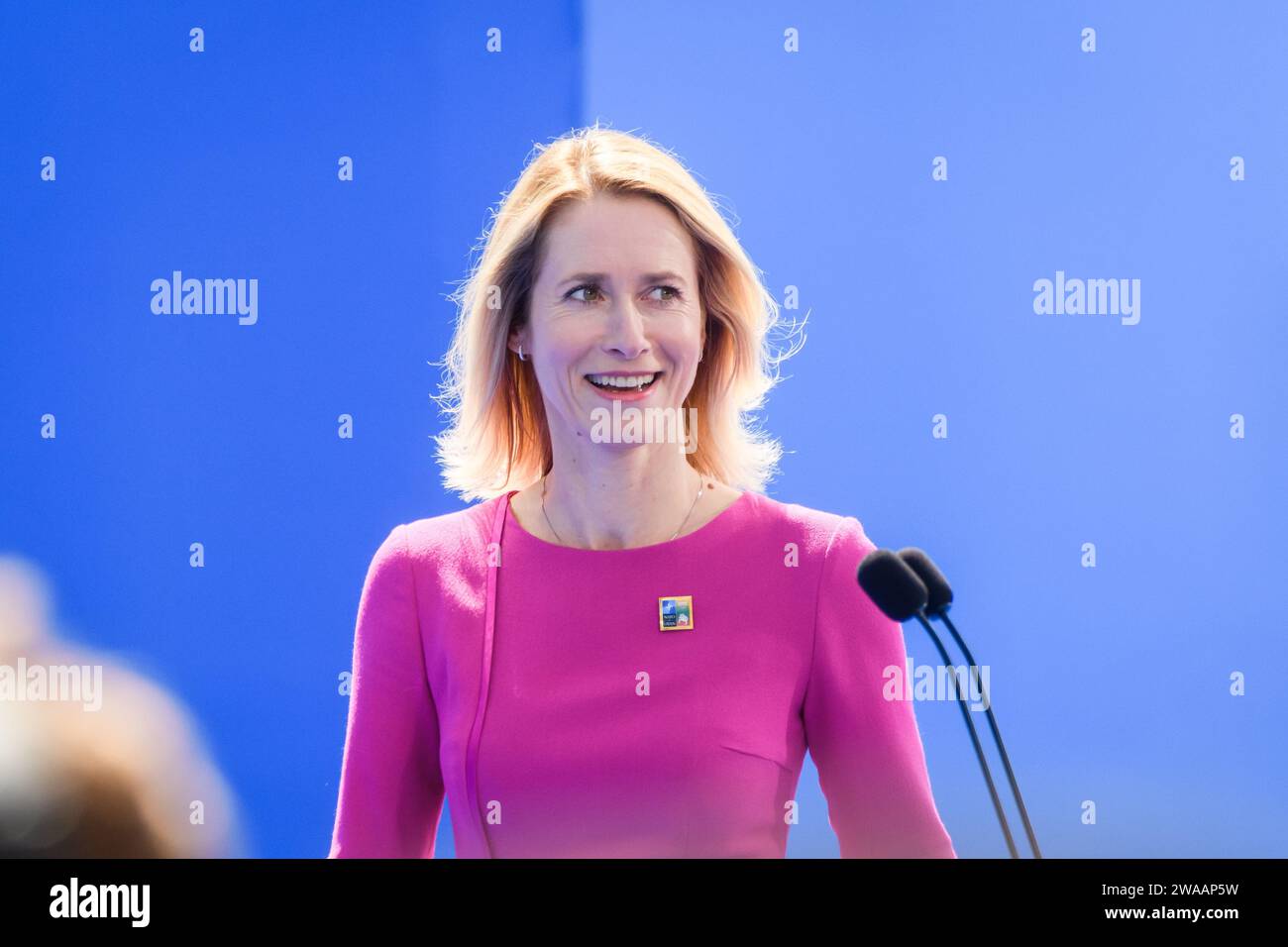 VILNIUS, LITHUANIA. 11th July 2023. Kaja Kallas, Prime Minister of Estonia, during doorstep at ...