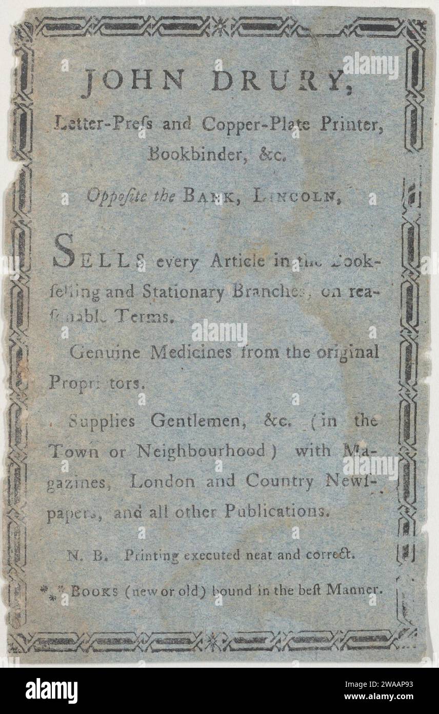 Trade Card for John Drury, printer and bookbinder 1946 by Anonymous ...