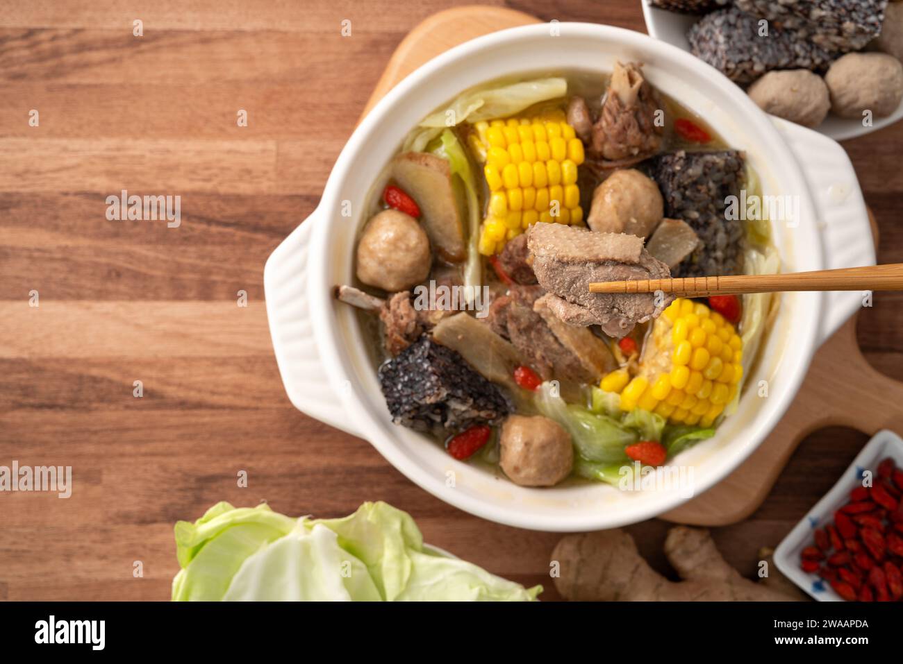 Delicious ginger duck stew hot pot soup with fresh vegetables in Taiwan ...