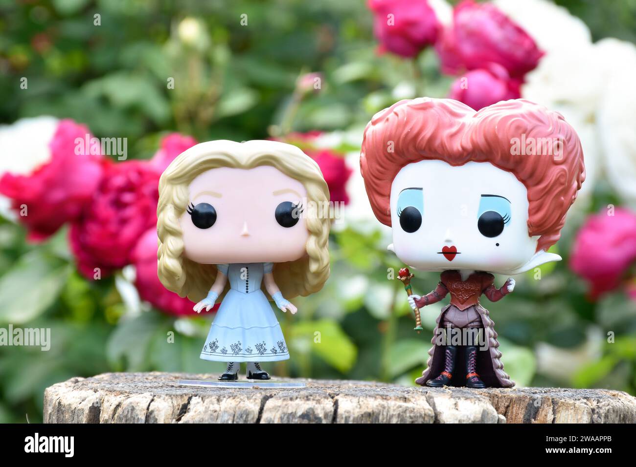 Funko Pop action figures of Red Queen and Alice in Wonderland. Red and ...