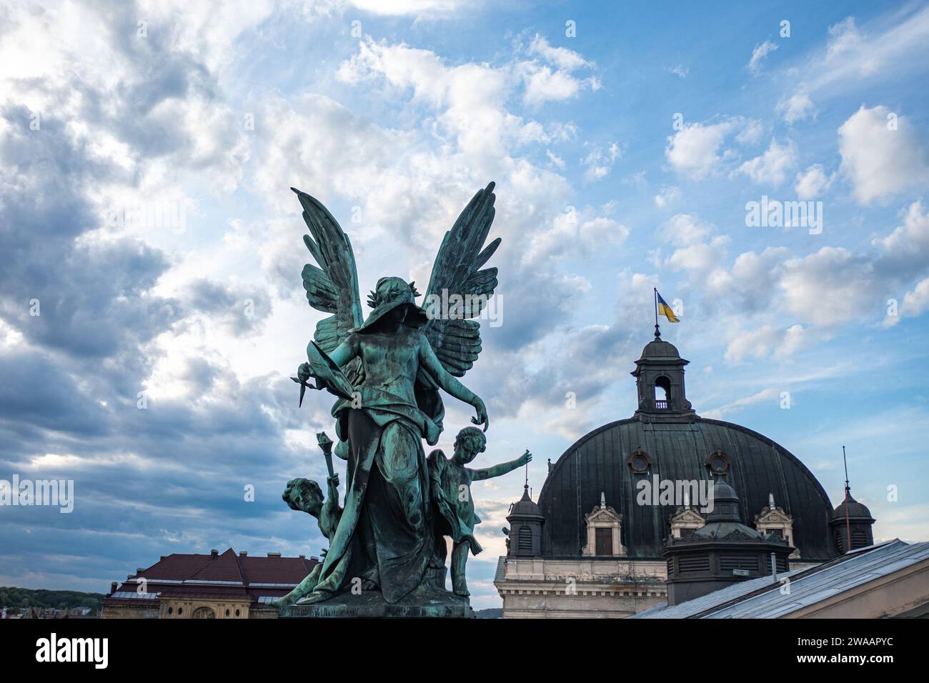Lviv, Ukraine - May , 2021: Lviv opera house statue from drone Stock ...