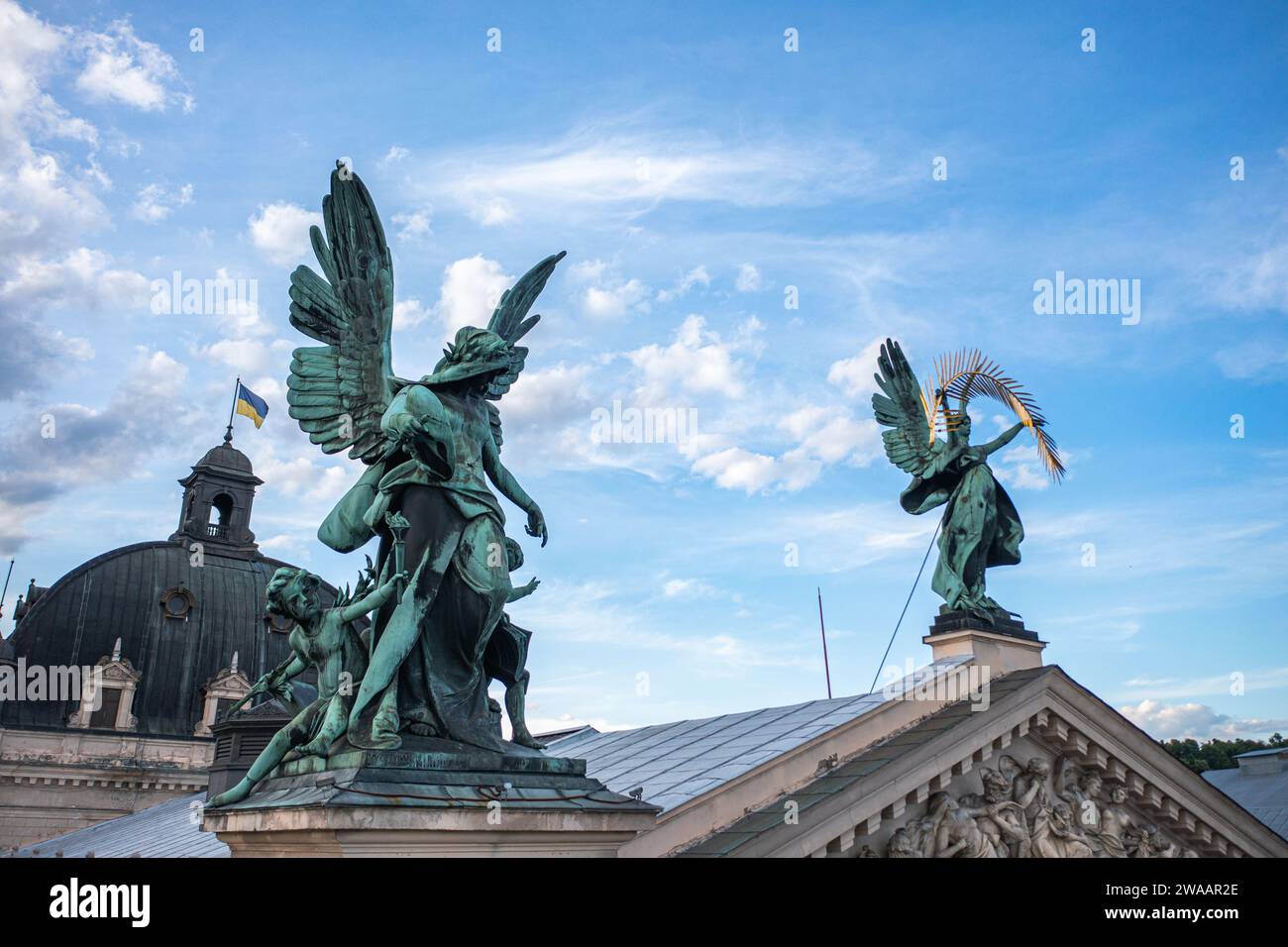 Lviv, Ukraine - May , 2021: Lviv opera house statue from drone Stock ...