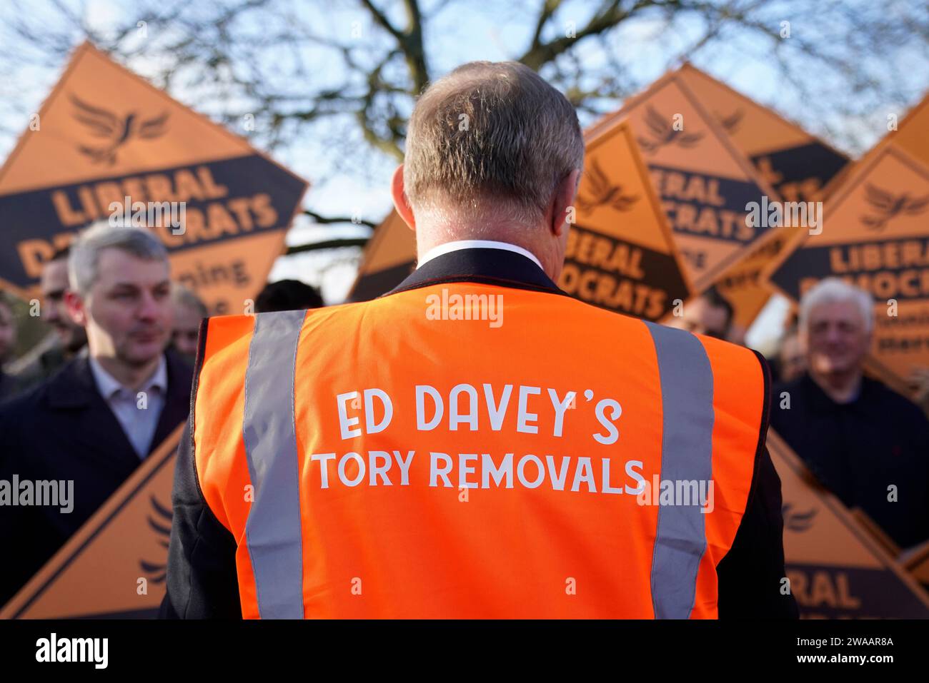Liberal Democrat leader Sir Ed Davey wears a high-vis jacket with 'Ed ...