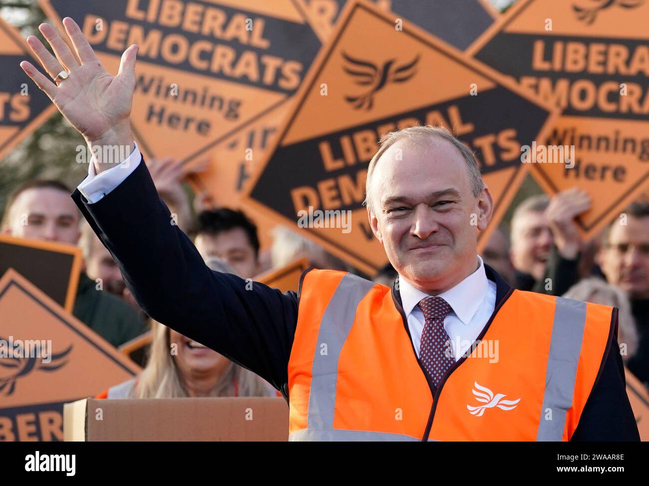 Liberal Democrat leader Sir Ed Davey during a rally in Guildford, as he ...