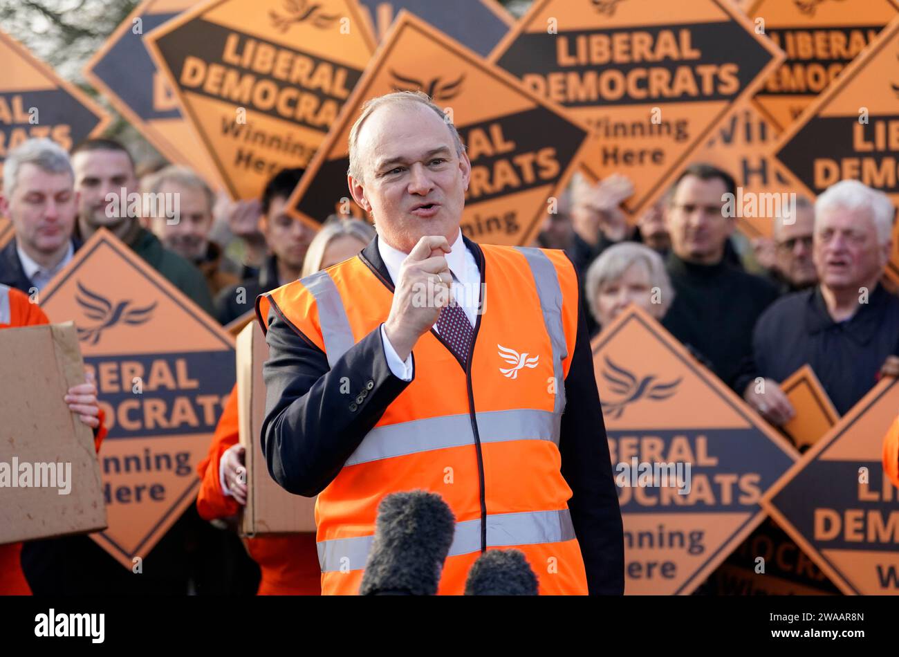 Liberal Democrat leader Sir Ed Davey during a rally in Guildford, as he ...