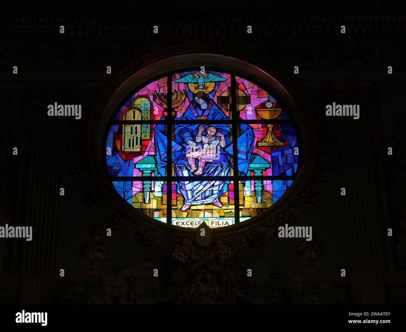 Modern stained glass window of Mary and Jesus in the papal basilica of ...