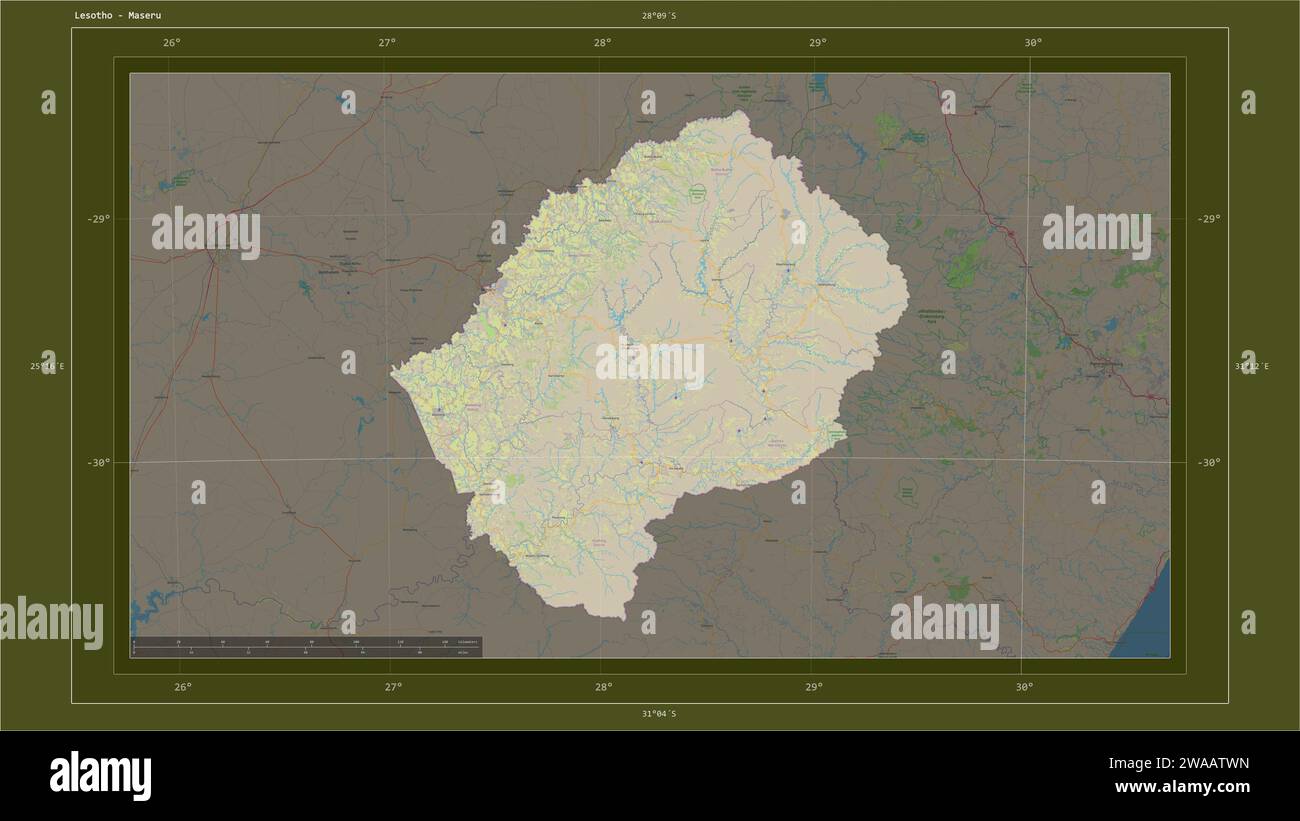 Lesotho highlighted on a topographic, OSM standard style map map with ...