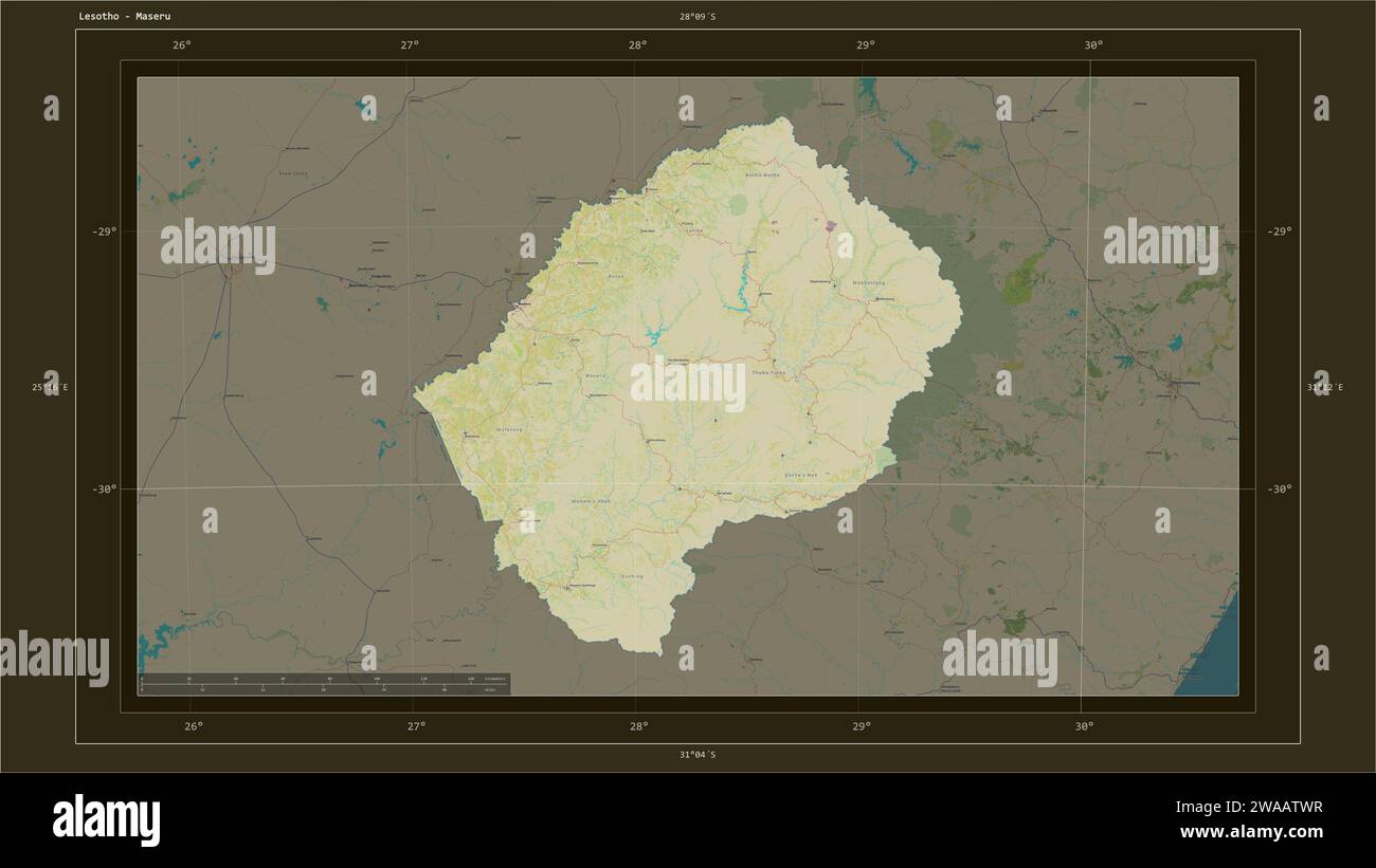 Lesotho highlighted on a topographic, OSM Humanitarian style map map ...