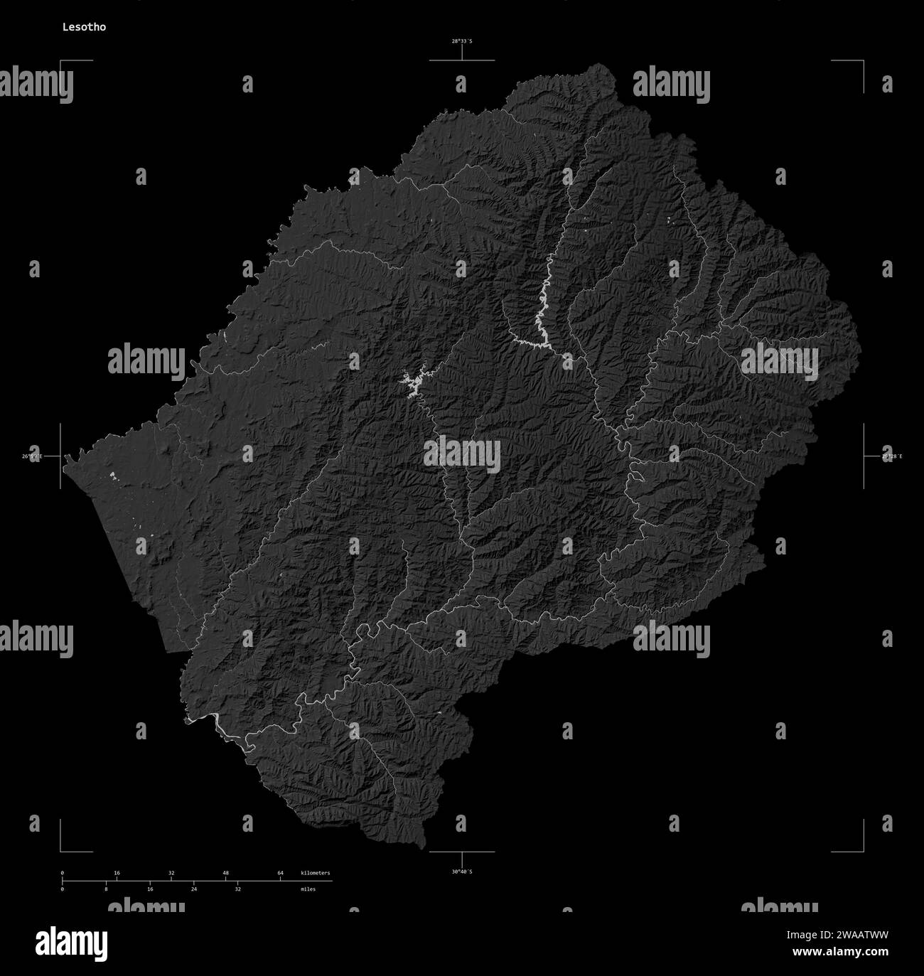 Shape of a Grayscale elevation map with lakes and rivers of the Lesotho ...