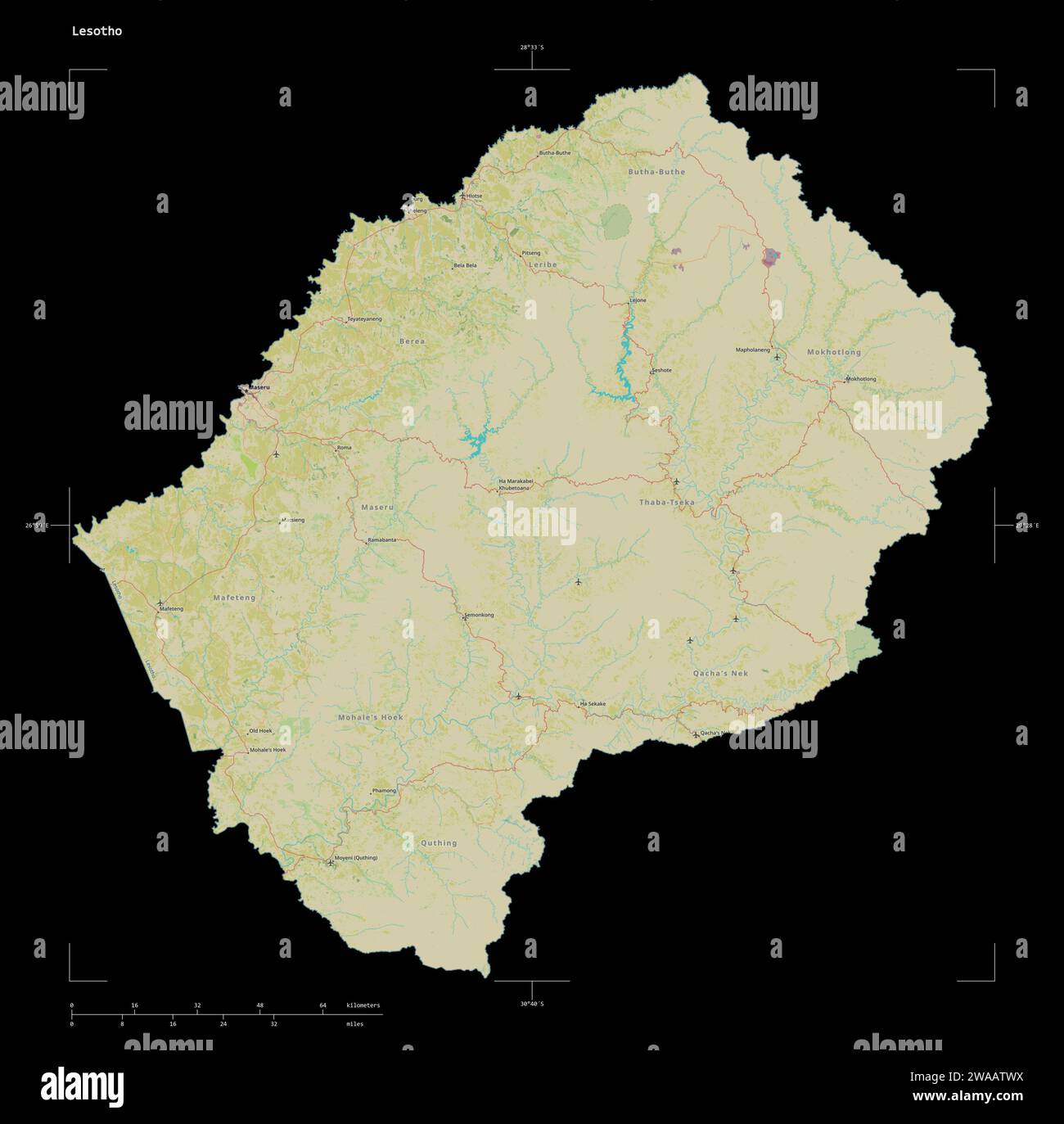 Shape of a topographic, OSM Humanitarian style map of the Lesotho, with ...