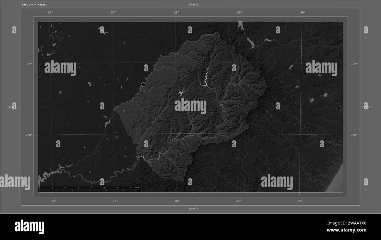 Lesotho highlighted on a Grayscale elevation map with lakes and rivers ...