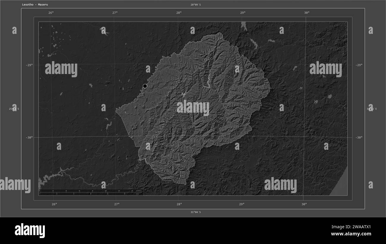 Lesotho highlighted on a Bilevel elevation map with lakes and rivers ...