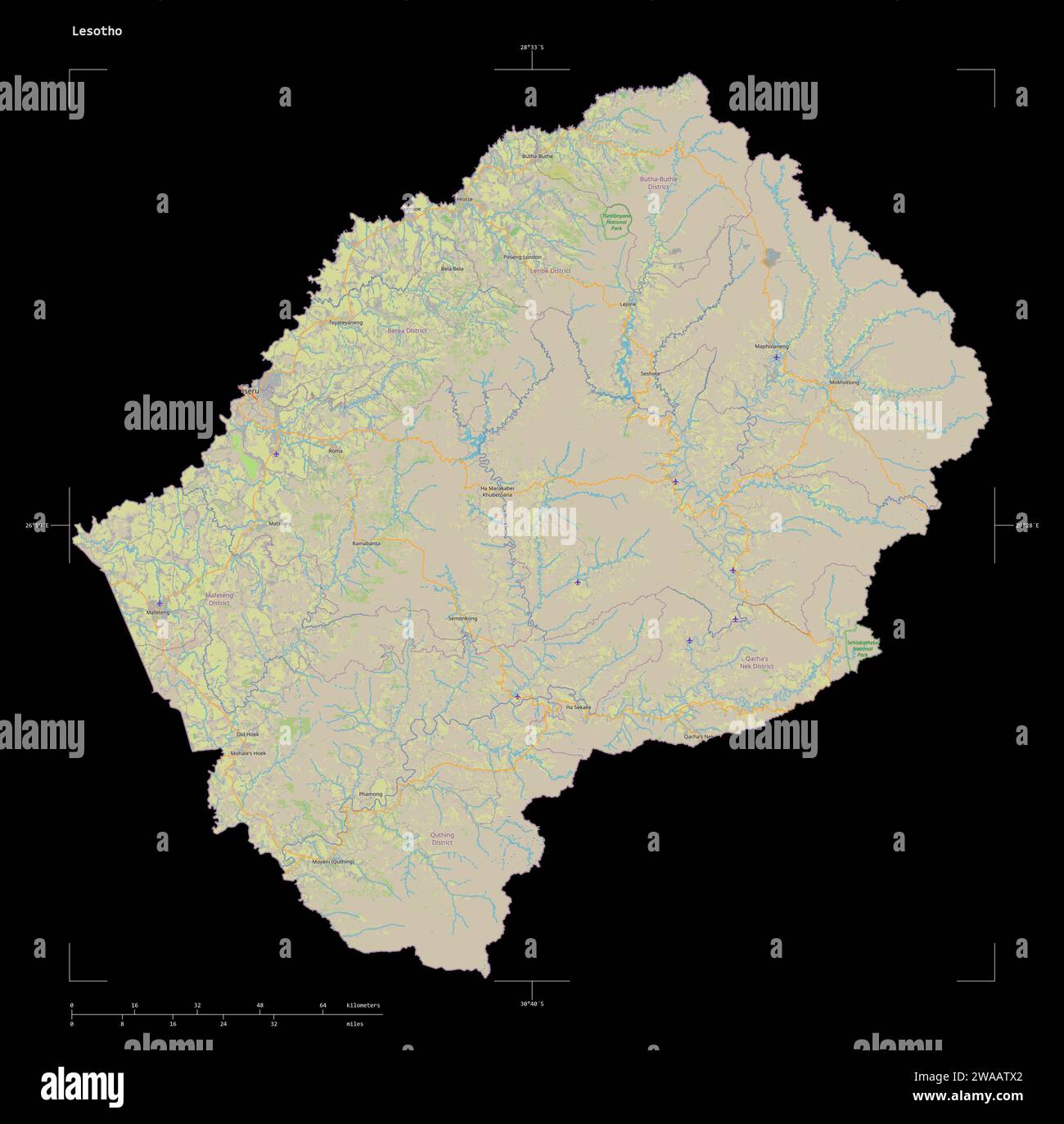 Shape of a topographic, OSM standard style map of the Lesotho, with ...