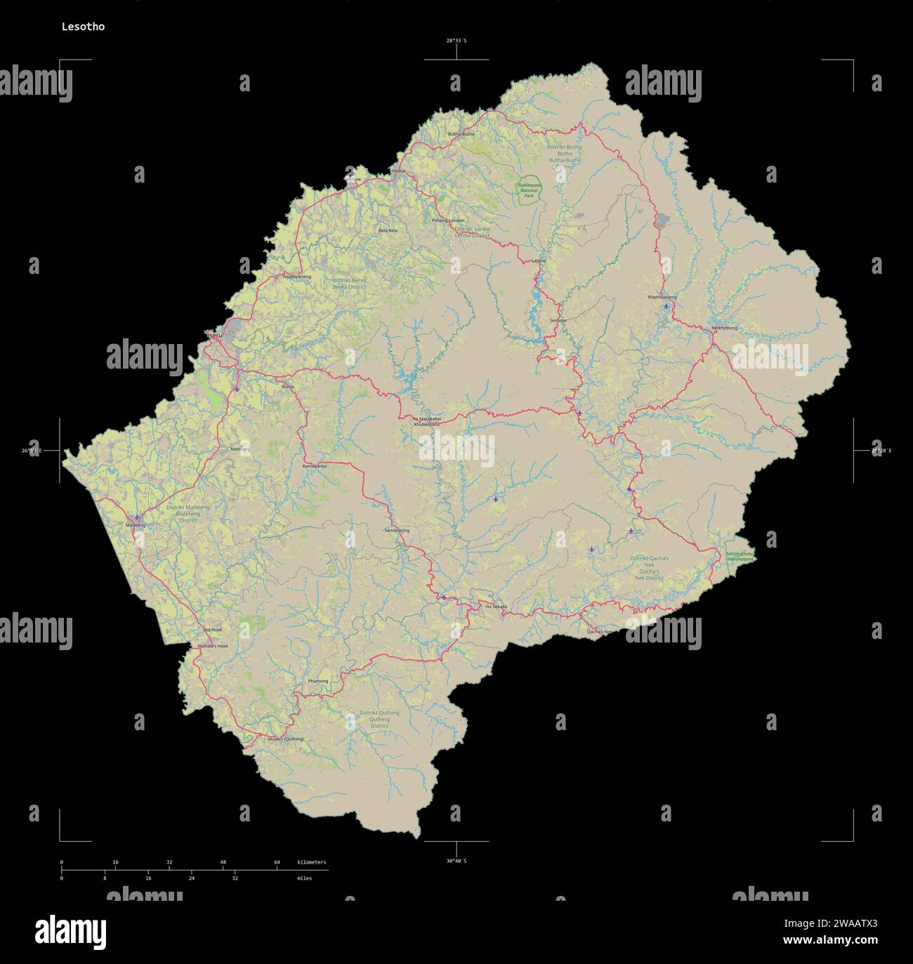 Shape of a topographic, OSM Germany style map of the Lesotho, with ...