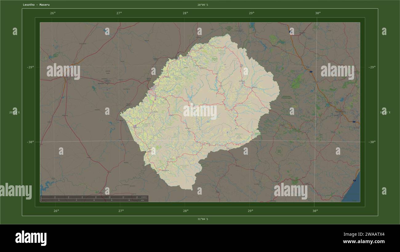 Lesotho highlighted on a topographic, OSM Germany style map map with the country's capital point ...