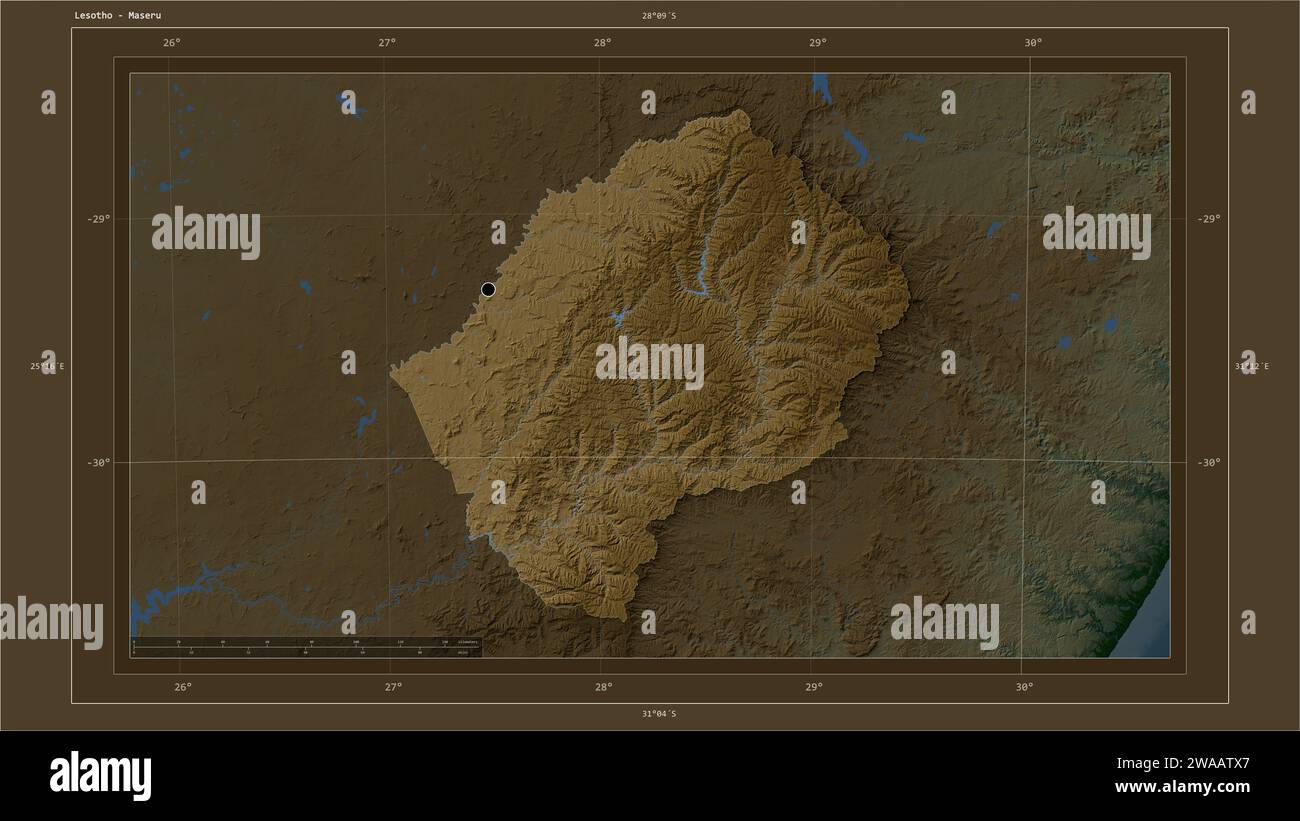 Lesotho highlighted on a Colored elevation map with lakes and rivers ...