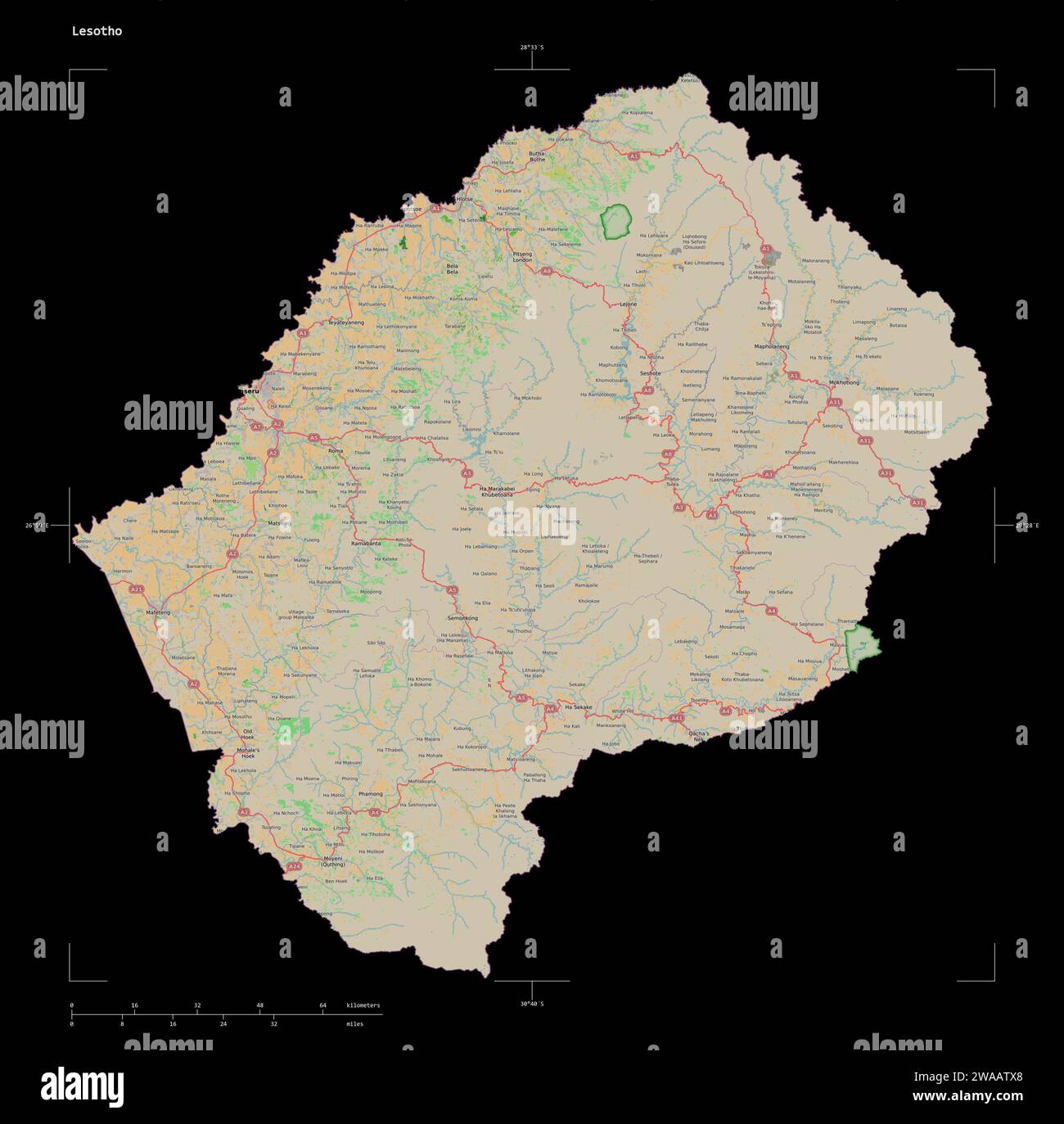 Shape of a topographic, OSM France style map of the Lesotho, with ...