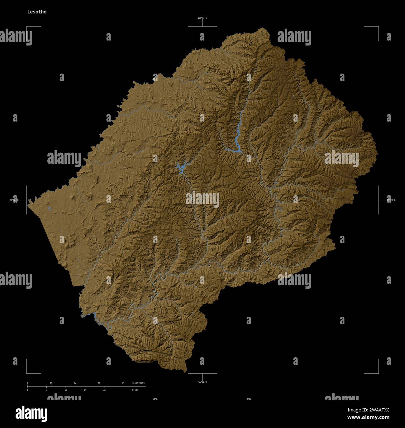 Shape of a Colored elevation map with lakes and rivers of the Lesotho ...