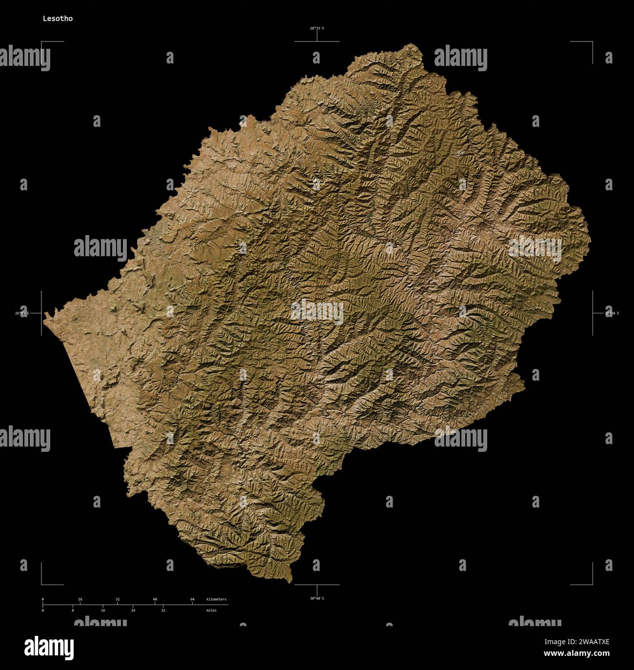 Shape of a low resolution satellite map of the Lesotho, with distance ...