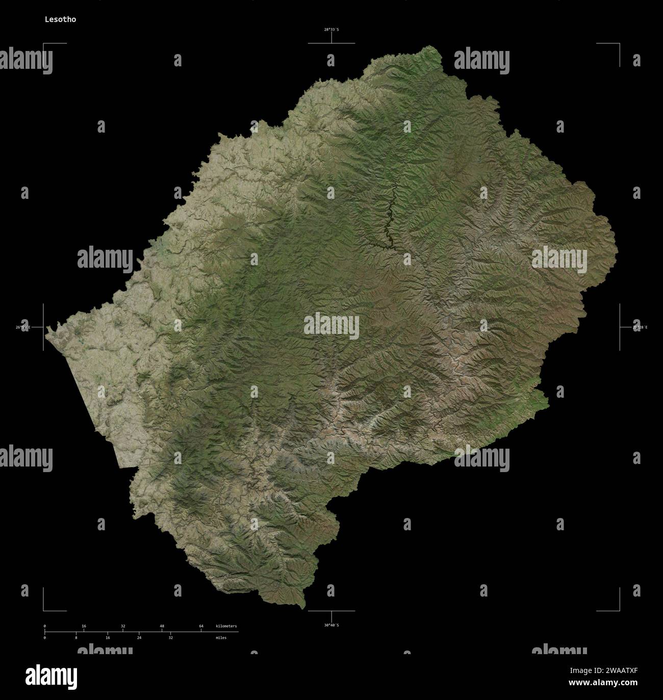 Shape of a high resolution satellite map of the Lesotho, with distance ...
