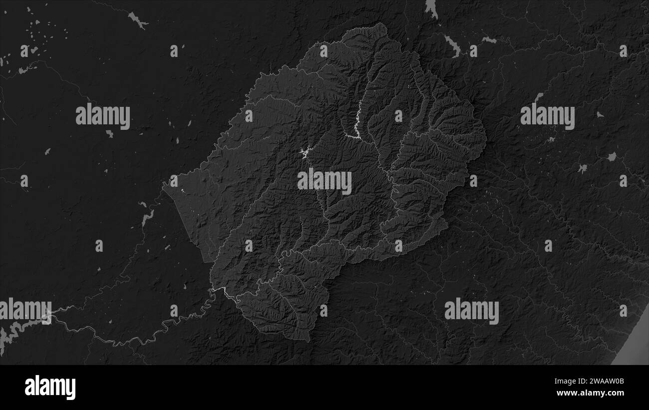 Lesotho highlighted on a Grayscale elevation map with lakes and rivers ...