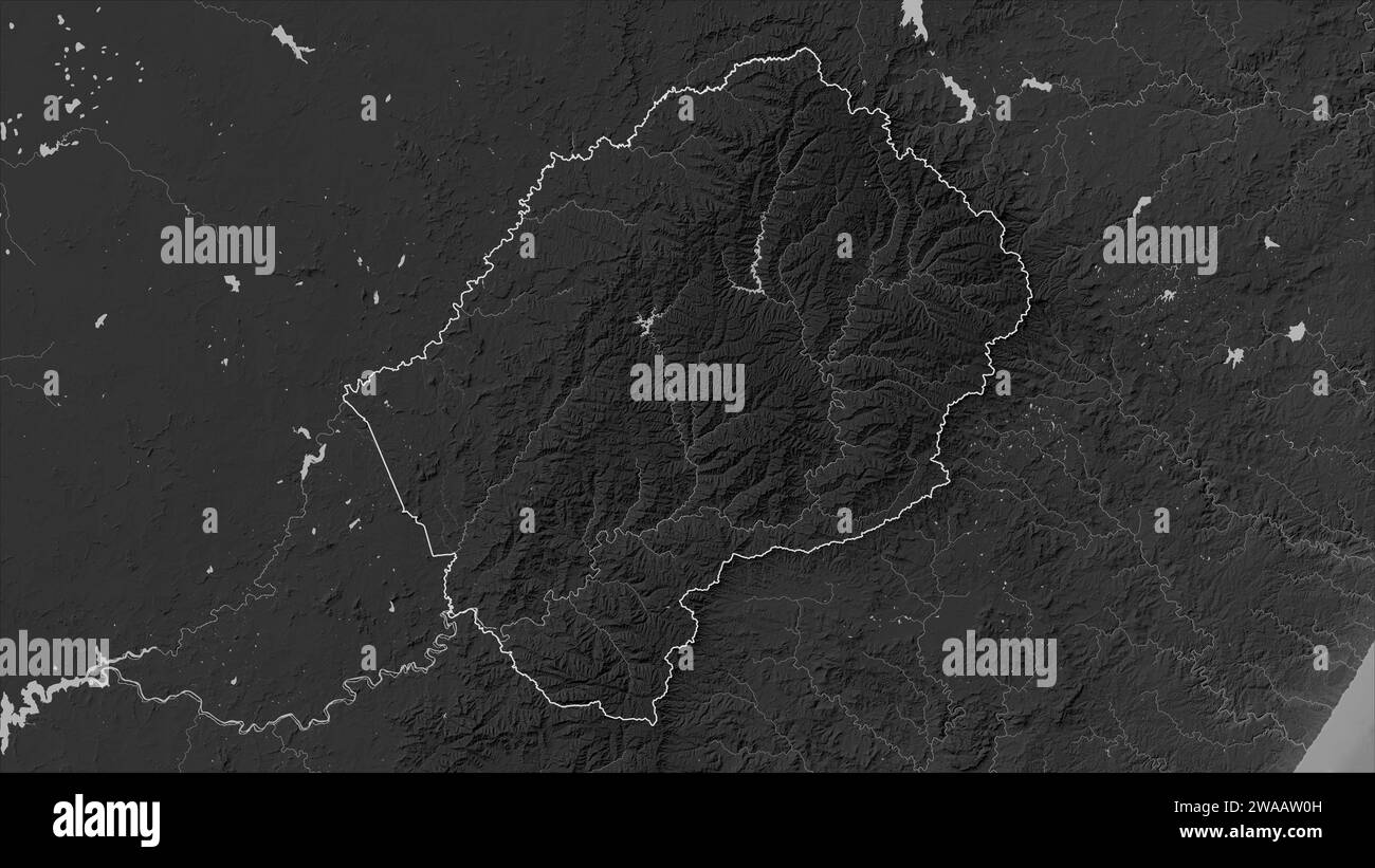 Lesotho outlined on a Grayscale elevation map with lakes and rivers ...