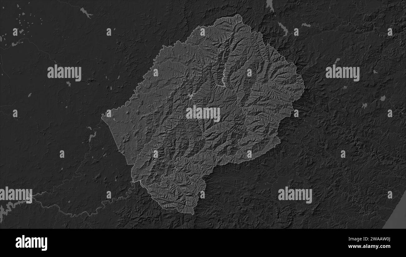 Lesotho highlighted on a Bilevel elevation map with lakes and rivers ...