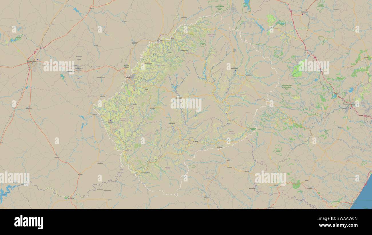 Lesotho outlined on a topographic, OSM standard style map Stock Photo ...