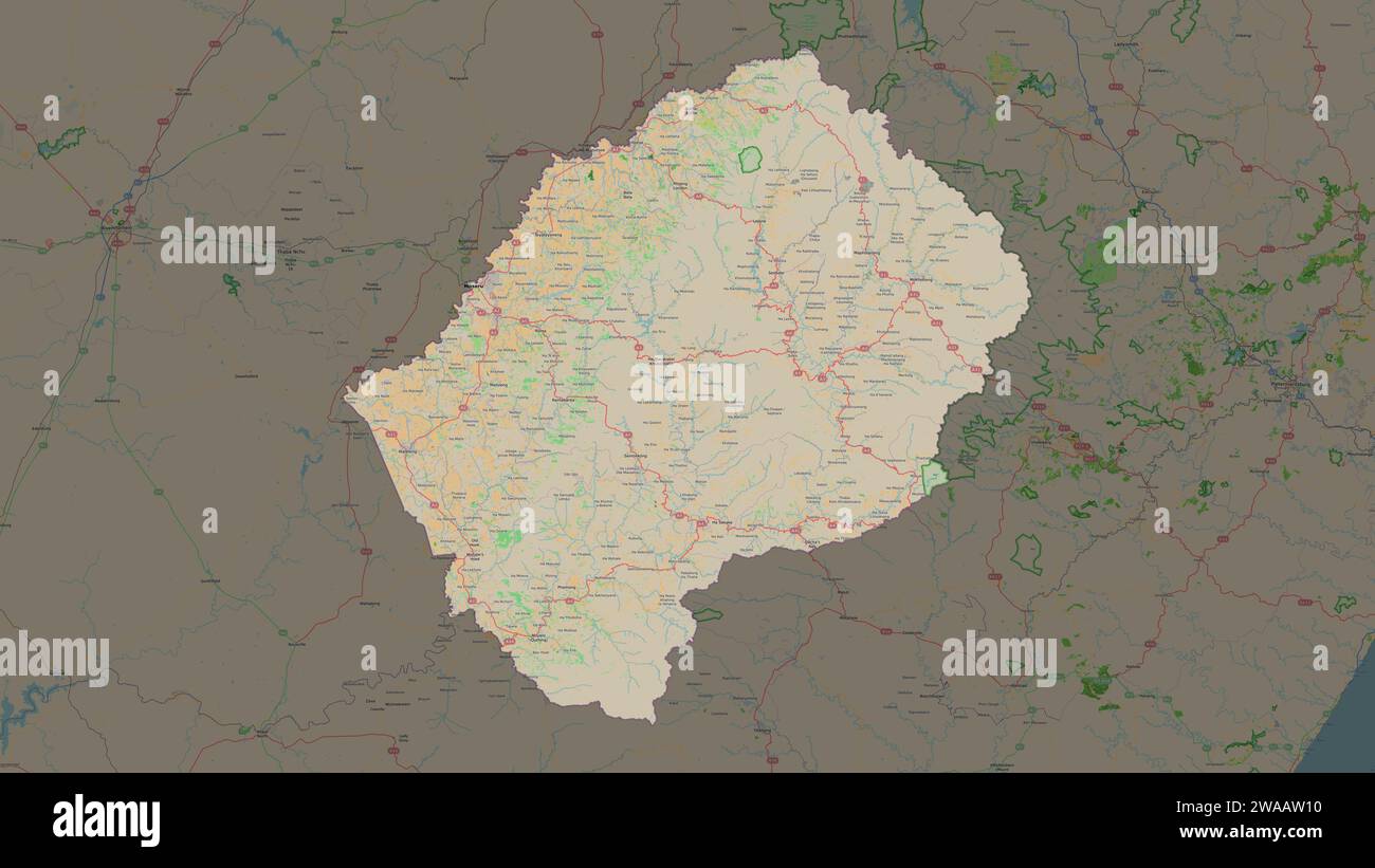 Lesotho highlighted on a topographic, OSM France style map Stock Photo ...