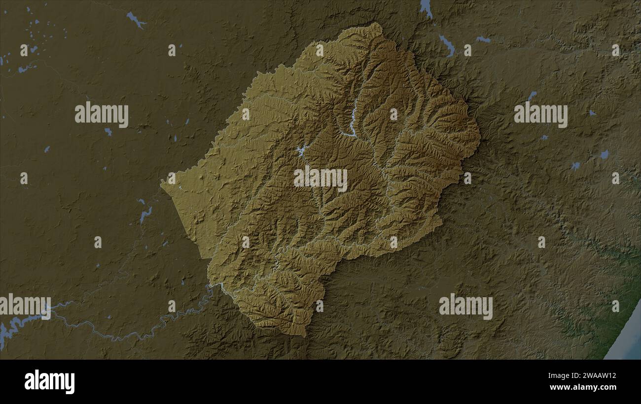 Lesotho highlighted on a Pale colored elevation map with lakes and ...