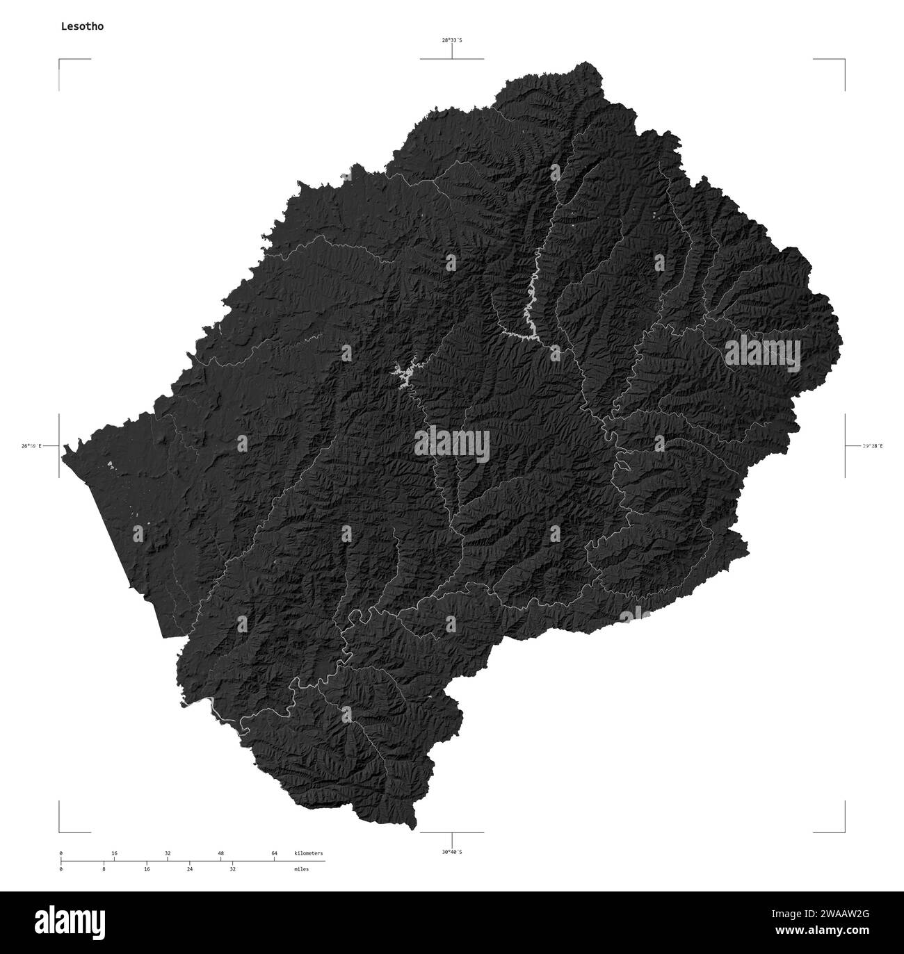 Shape of a Grayscale elevation map with lakes and rivers of the Lesotho ...