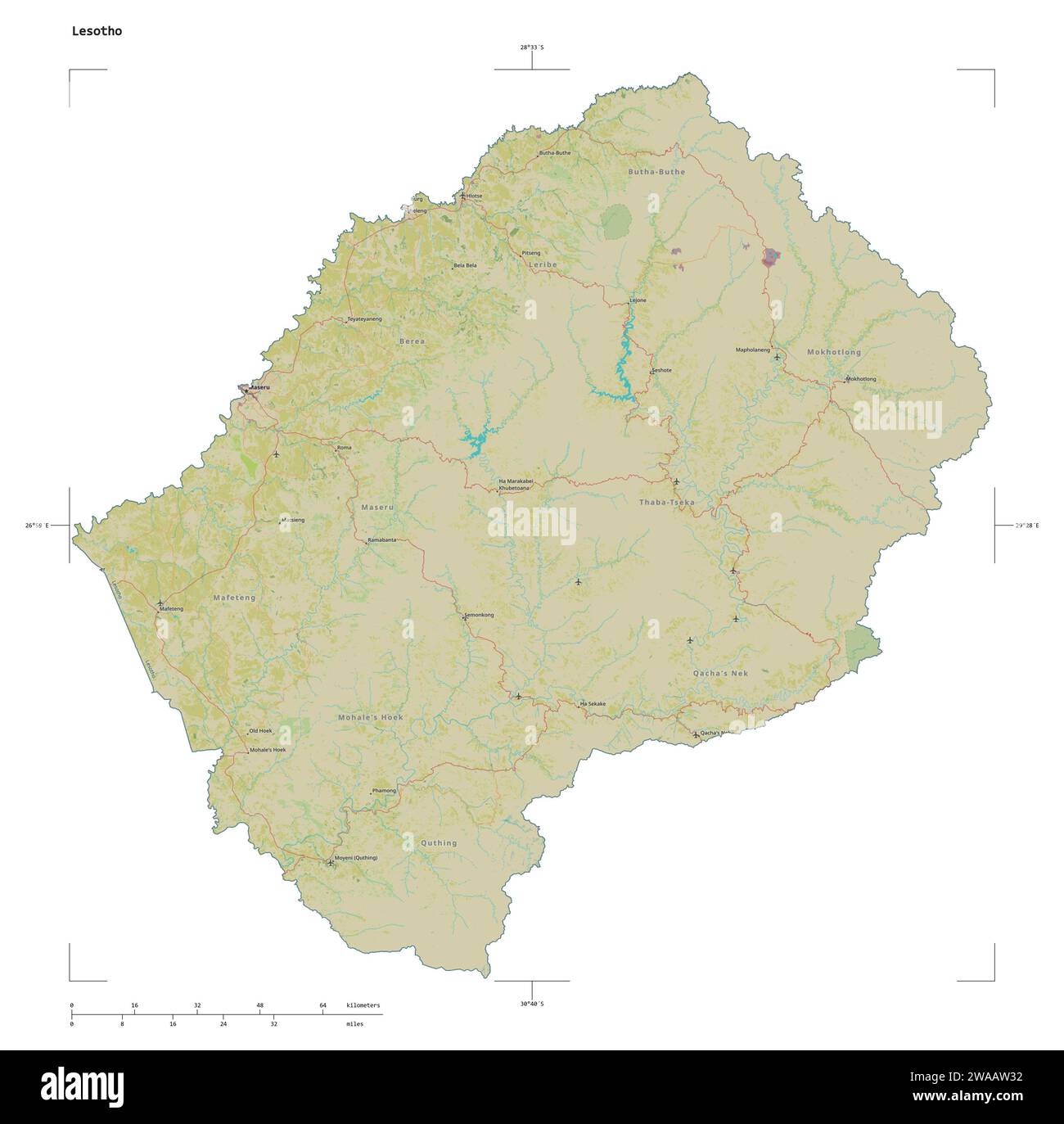 Shape of a topographic, OSM Humanitarian style map of the Lesotho, with ...