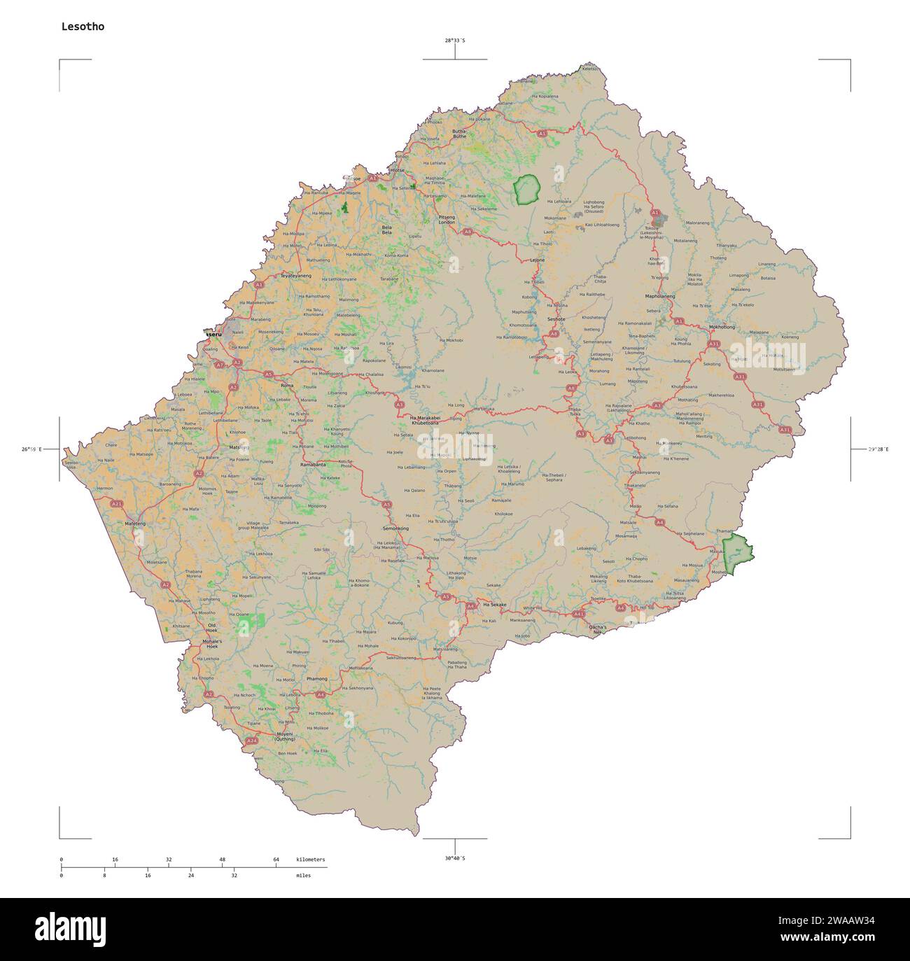 Shape of a topographic, OSM France style map of the Lesotho, with ...