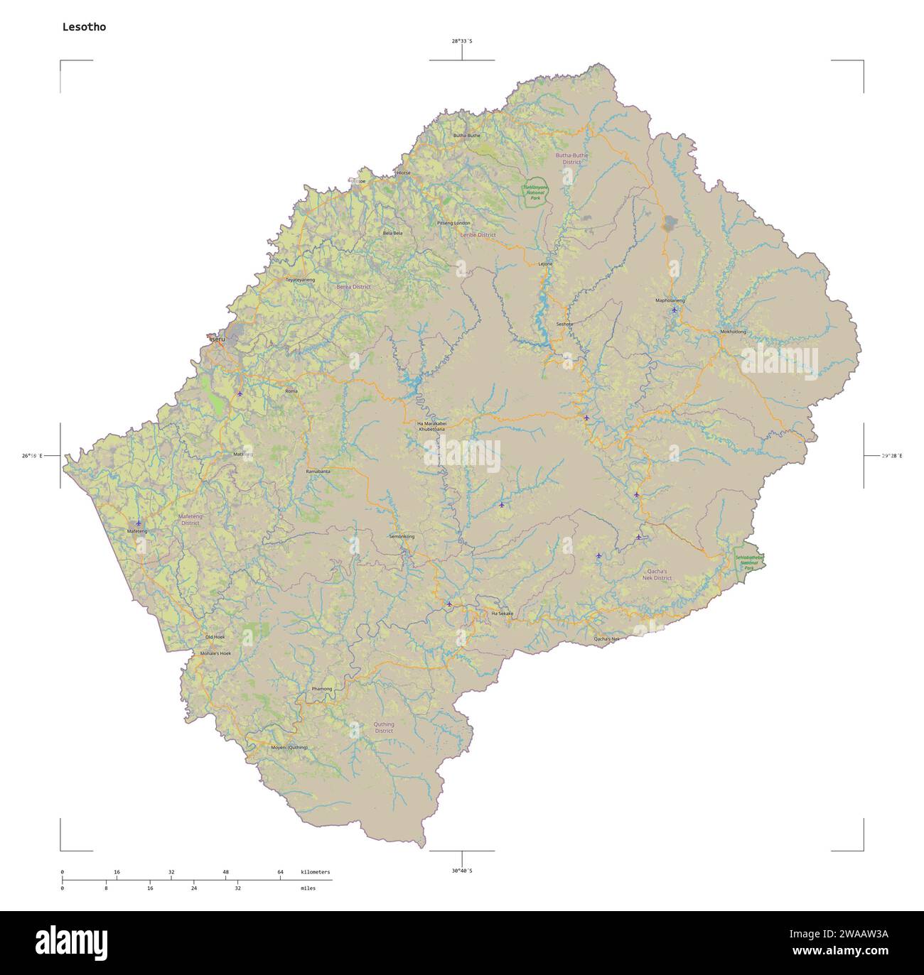 Shape of a topographic, OSM standard style map of the Lesotho, with ...