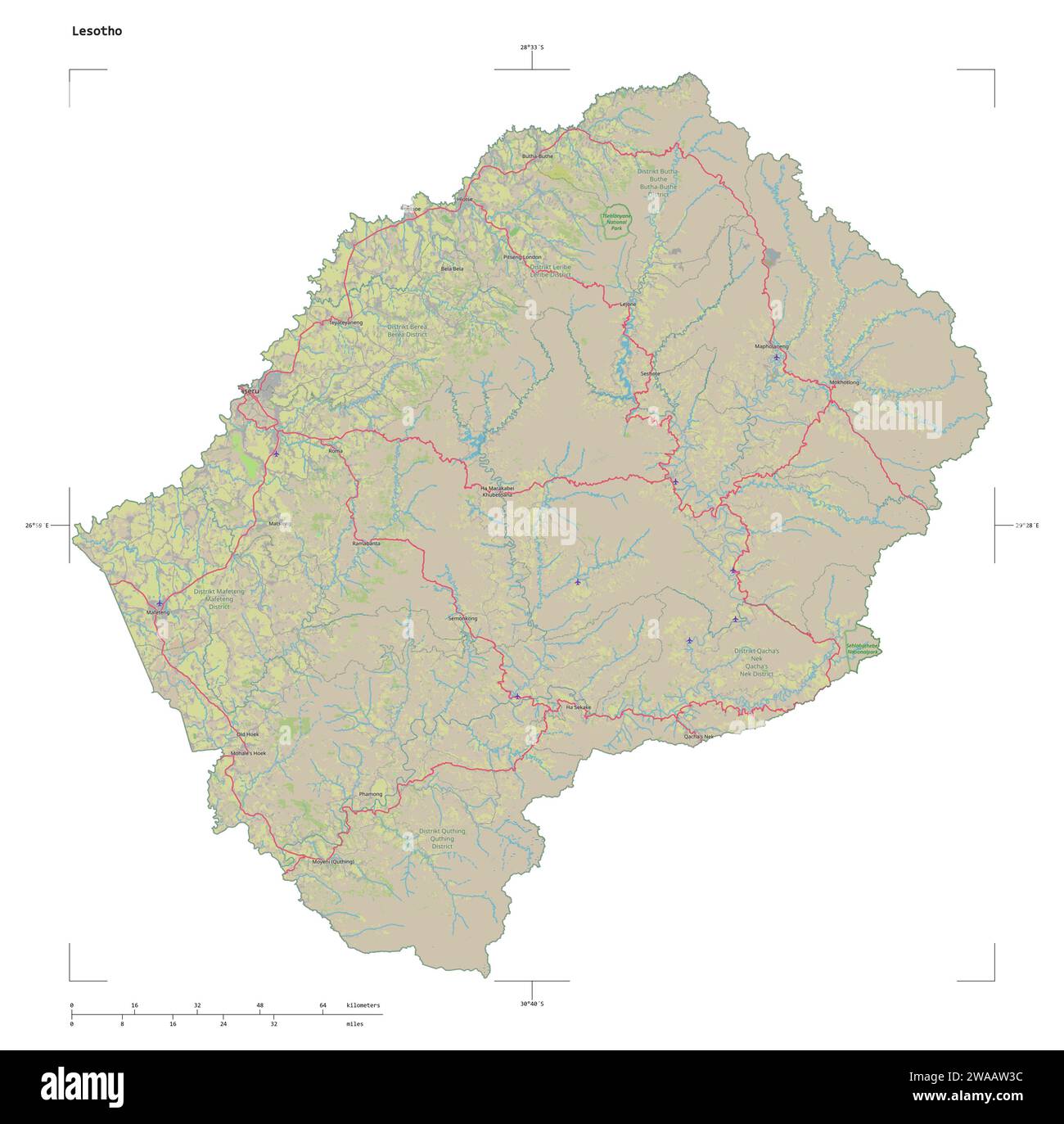 Shape of a topographic, OSM Germany style map of the Lesotho, with distance scale and map border ...