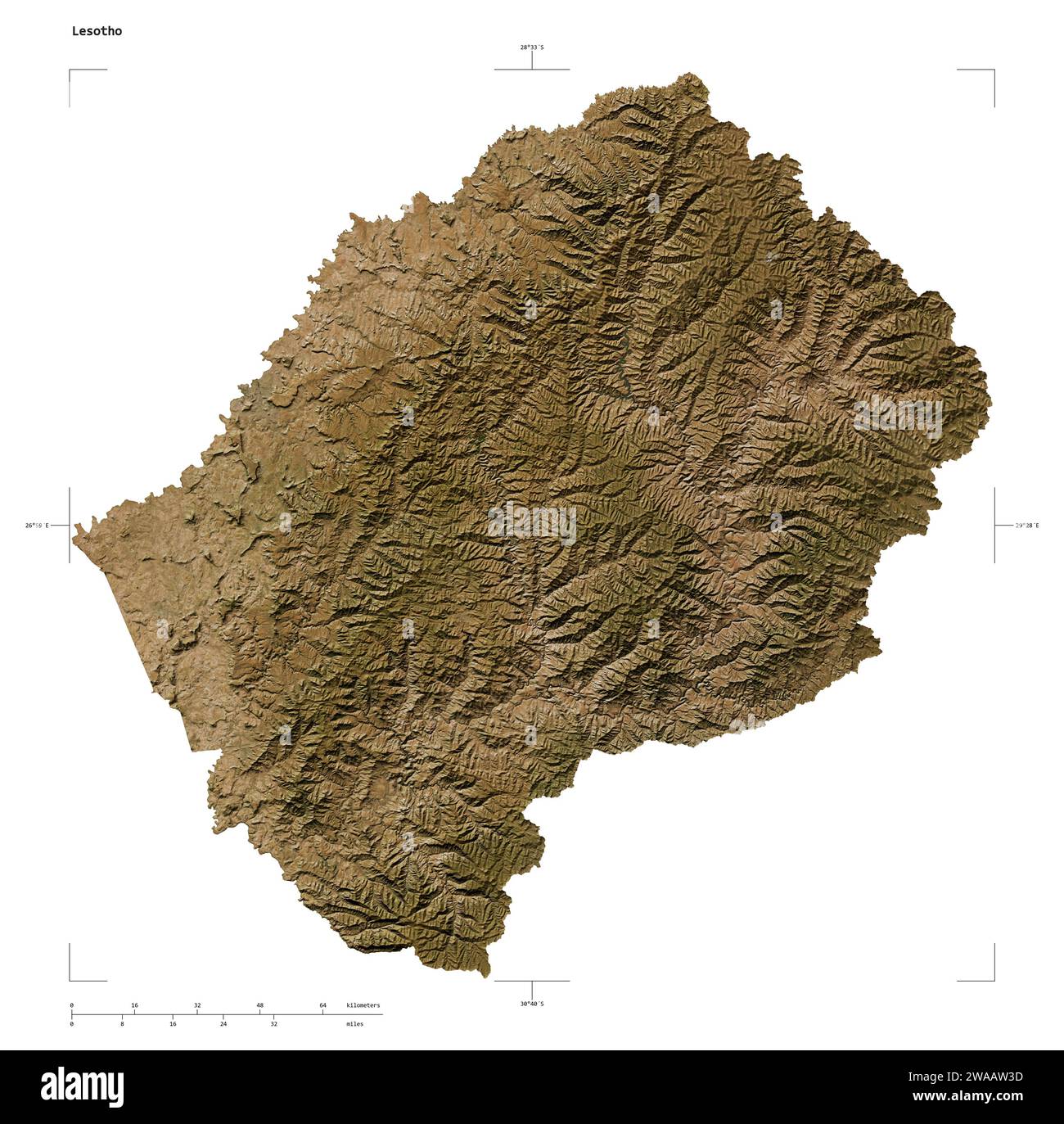 Shape of a low resolution satellite map of the Lesotho, with distance ...