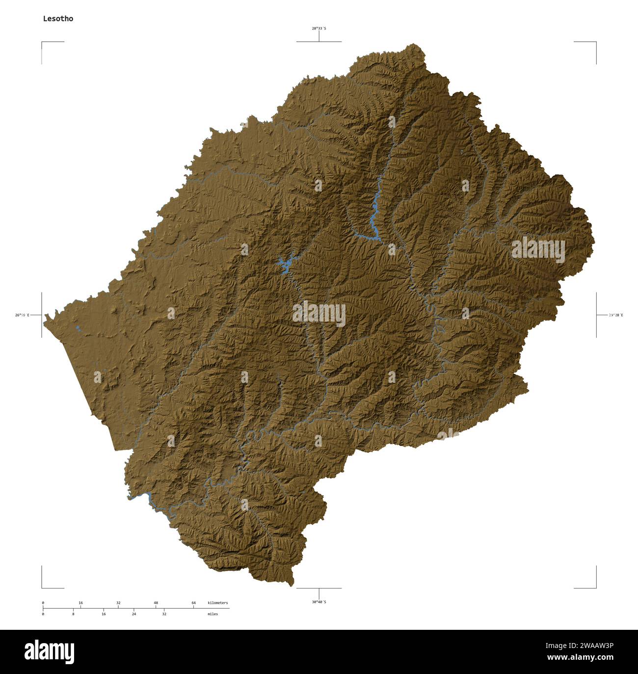 Shape of a Colored elevation map with lakes and rivers of the Lesotho ...