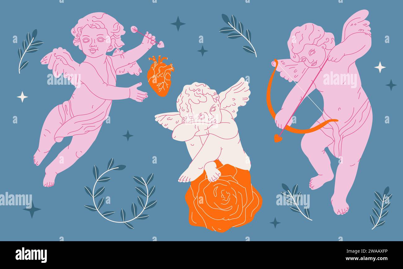 Various flying angels with abstract heart, arrows,bow,rose collection ...