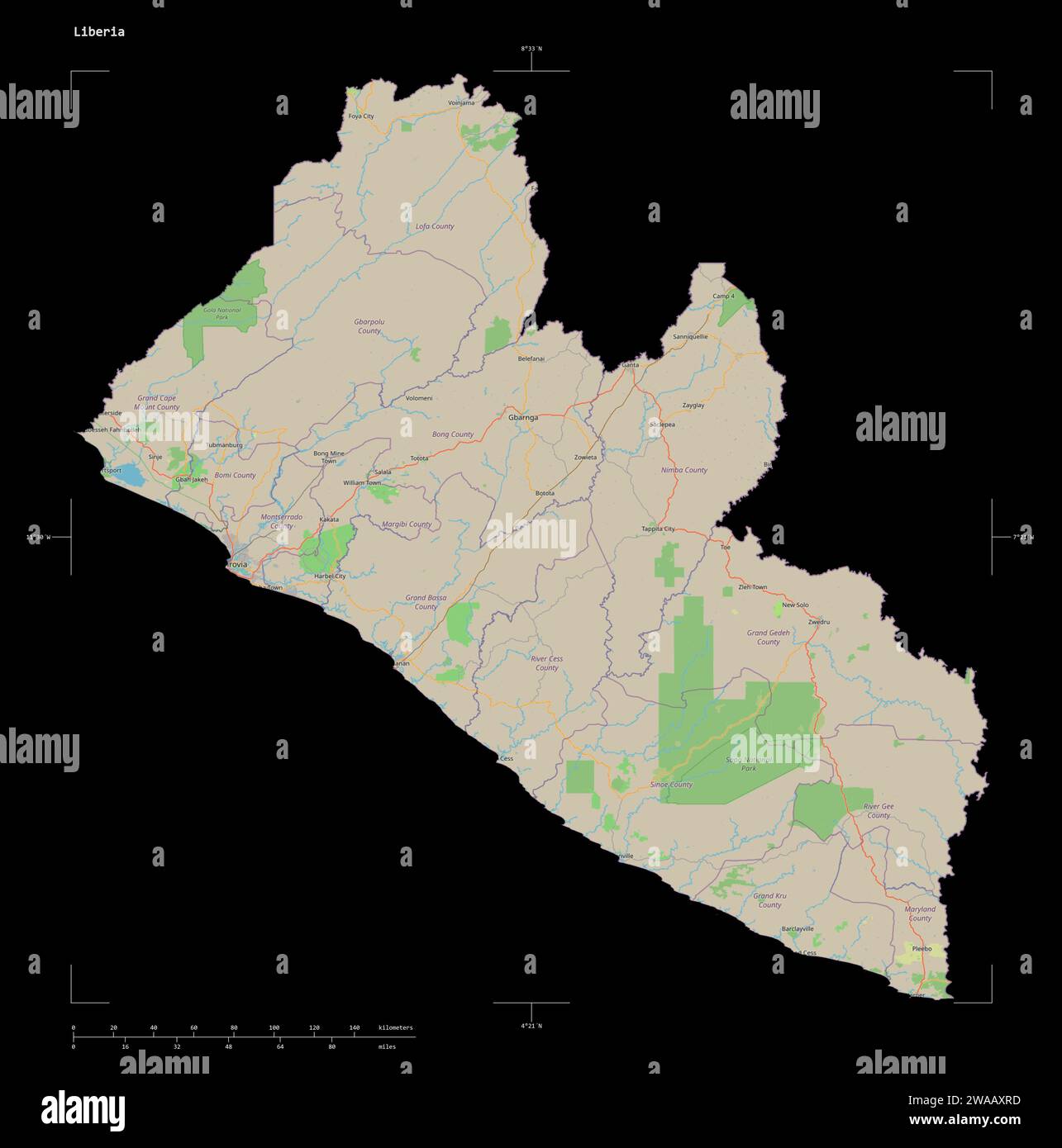 Shape of a topographic, OSM standard style map of the Liberia, with ...
