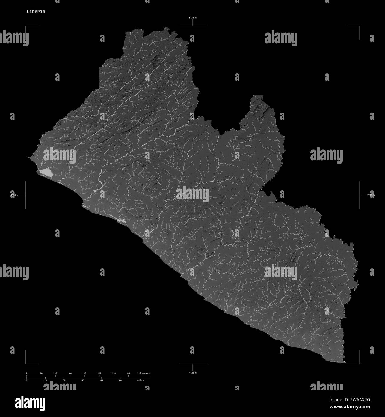 Shape of a Grayscale elevation map with lakes and rivers of the Liberia ...