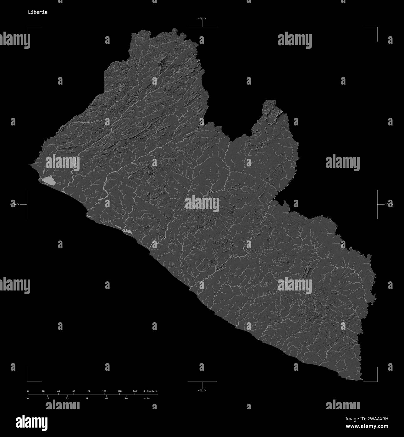 Shape of a Bilevel elevation map with lakes and rivers of the Liberia ...