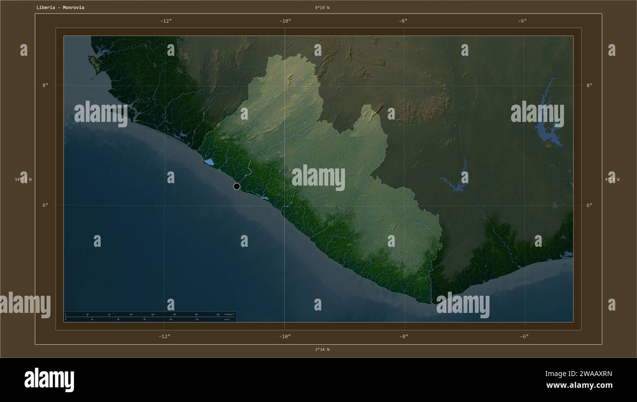Liberia highlighted on a Colored elevation map with lakes and rivers ...