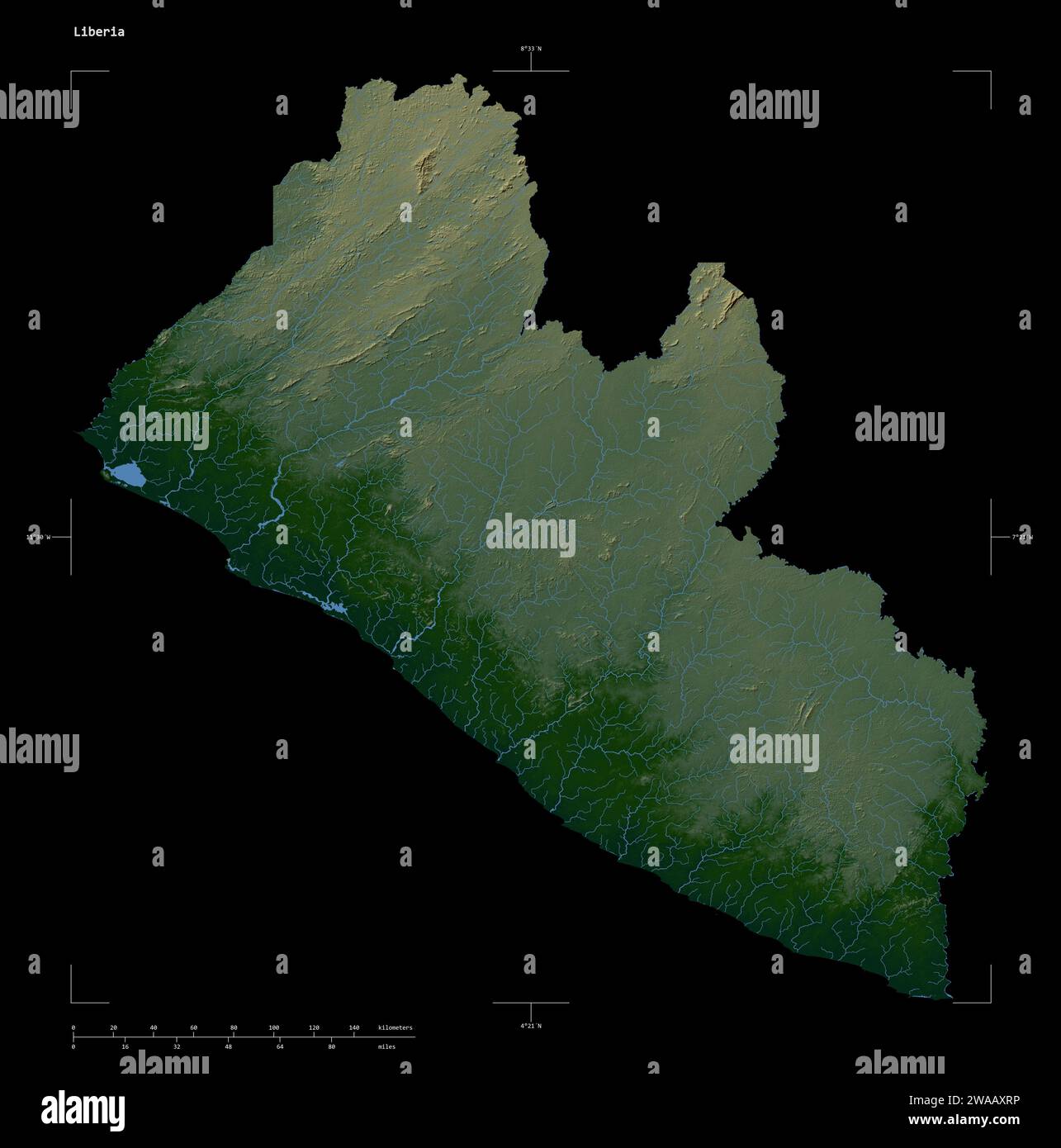 Shape of a Colored elevation map with lakes and rivers of the Liberia ...