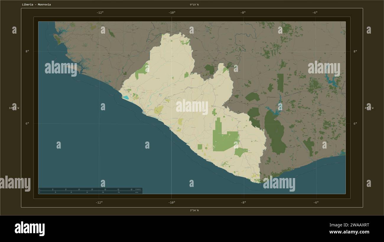 Liberia highlighted on a topographic, OSM Humanitarian style map map ...