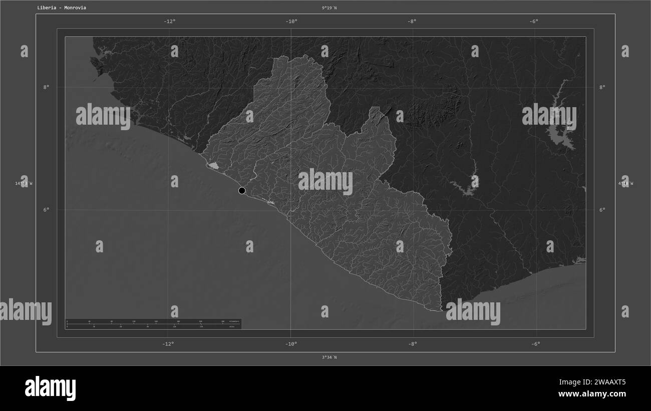Liberia highlighted on a Bilevel elevation map with lakes and rivers ...